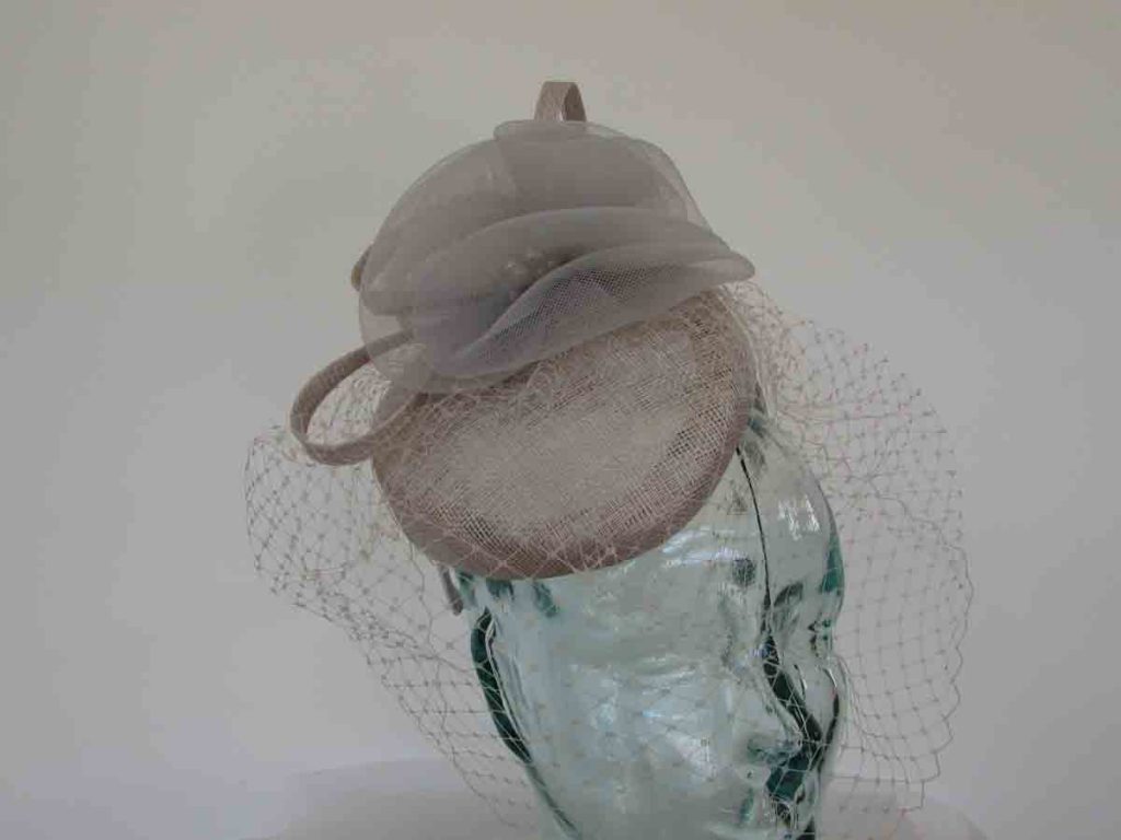 Pillbox fascinator with birdcage netting in pearl silver - Love Fascinators