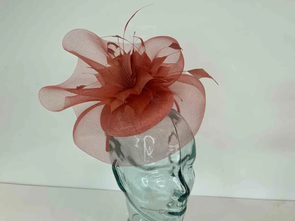 Pillbox with crin and feathered flower in tangerine - Love Fascinators