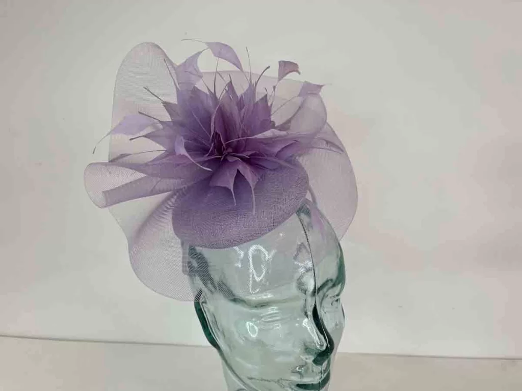 Pillbox with crin and feathered flower in wisteria - Love Fascinators